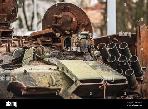 Burnt And Melted Rusty Wreckage Of A Soviet Russian Made Tank T 72b