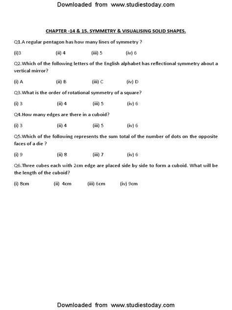 Cbse Class Vii Maths Mcqs Symmetry And Visualising Solid Shapes Pdf