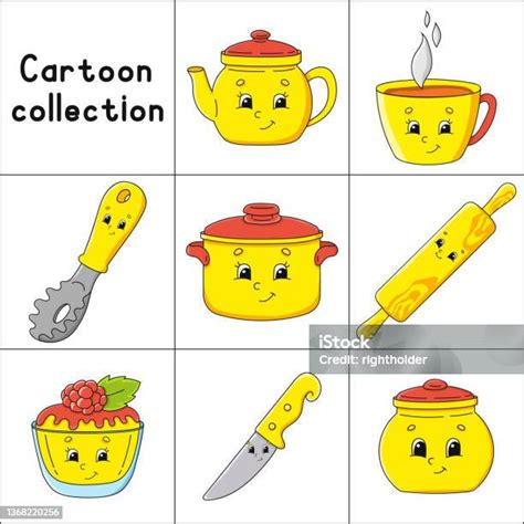 식기 테마 만화 캐릭터 다채로운 벡터 일러스트레이션 흰색 배경에 격리 디자인 요소입니다 디자인 책 스티커 카드에 대한 템플릿