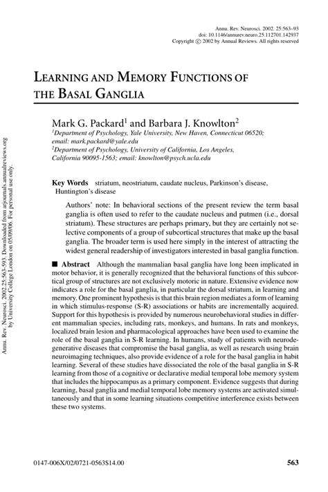 Pdf Learning And Memory Functions Of The Basal Ganglia