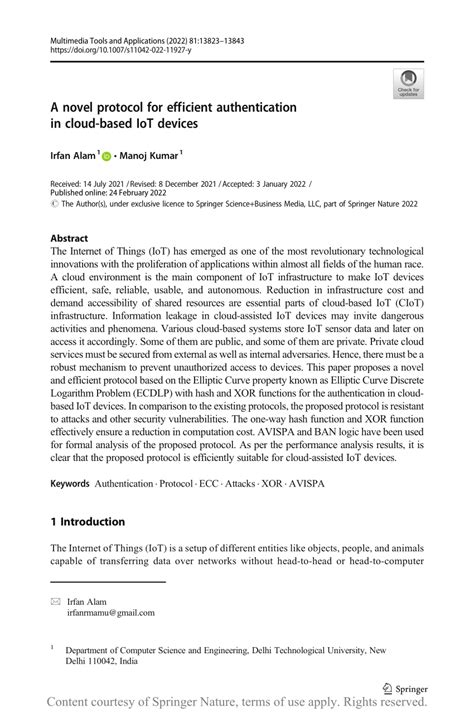 A Novel Protocol For Efficient Authentication In Cloud Based Iot