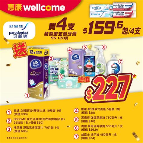 【惠康】買4支舒適達牙膏 送衛生紙、洗衣珠等總值227禮品