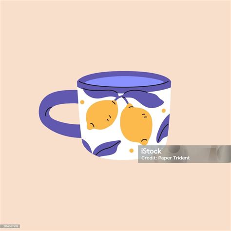 레몬 무늬가 있는 작은 컵 파란색 손잡이와 과일 프린트가 있는 흰색 도자기 머그잔 디자인 귀여운 찻잔 차 뜨거운 음료 음료 물을위한 식기 평평한 고립 된 벡터 그림 0명에