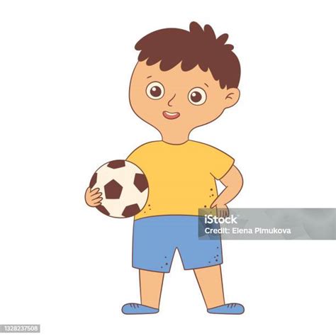 귀여운 소년 축구 선수가 서서 그의 손에 공을 들고 평면과 만화 스타일의 축구 공을 가진 아이 흰색 배경의 벡터 그림 거리에