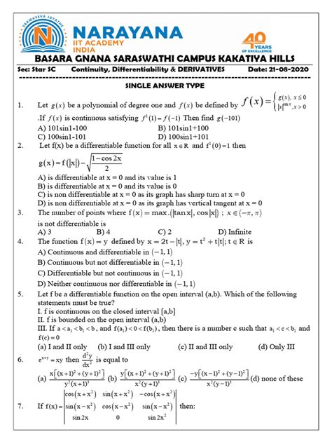 Continuity Differentiability Derivatives 21 08 2020 Pdf Function