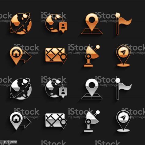 지도 깃발 지도 핀 레이더 위치 하우스 접힌 위치 마커 지구 궤도를 도는 위성 및 지구 아이콘으로 Gps 장치를 설정합니다 벡터