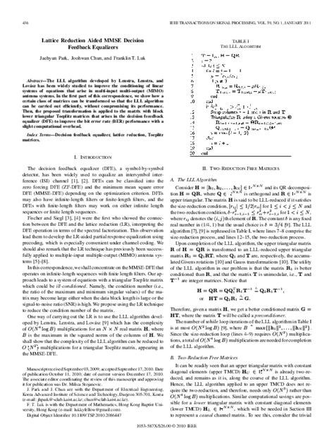 Pdf Lattice Reduction Aided Mmse Decision Feedback Equalizers
