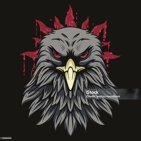 벡터 일러스트 레이 션 직립 위치에있는 독수리 머리의 다채로운 정면보기 먹이 빈티지 일러스트 레이 션 스토킹 꼭대기에 대한 스톡