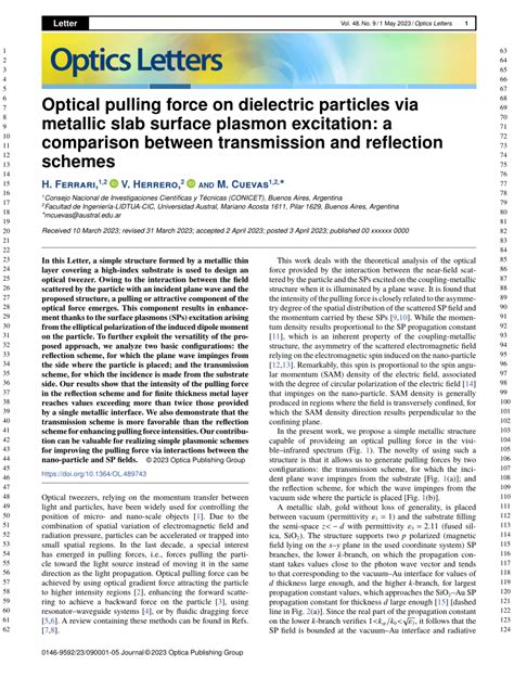 Pdf Optical Pulling Force On Dielectric Particles Via Metallic Slab