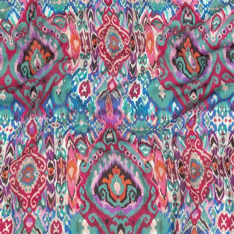 Gauzy Wrinkled Rayon Woven Print Pink And Blue Geometric Ikat Mood