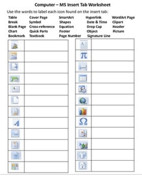 microsoft insert tab worksheet microsoft word lessons computer lab