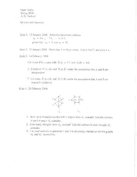 Quizzes With Answers Linear And Discrete Mathematics Math 2602 Quizzes Mathématiques