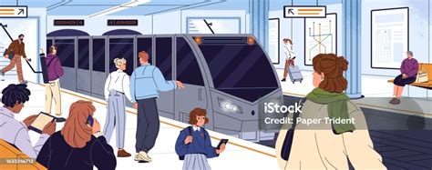 도착을 기다리는 다른 승객이있는 도시 지하철 역 지하철 객차 사람들은 스마트폰과 가방을 들고 현대 지하철 플랫폼에 서 있다 도시 교통 플랫 벡터 그림 교통에 대한 스톡 벡터