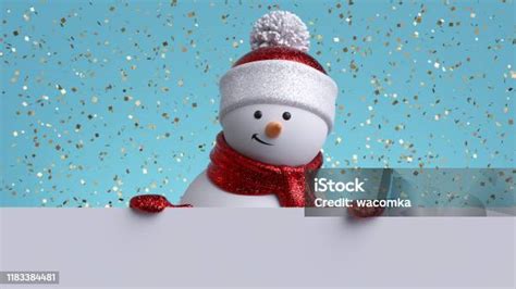 크리스마스 배경입니다 화이트 보드를 들고 3d 눈사람 겨울 휴가 빈 배너 템플릿입니다 새해 복 석 인사말 카드 모형입니다 재미있는 축제 캐릭터 겨울에 대한 스톡 사진 및