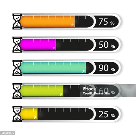 벡터 요소 인포 그래픽 픽셀 모래 시계 커서 간단한 화려한 그래프 5 단계 시간 표시 막대 표시기 막대 그래프 다이어그램 차트 프로세스 단계 0명에 대한 스톡 벡터 아트 및