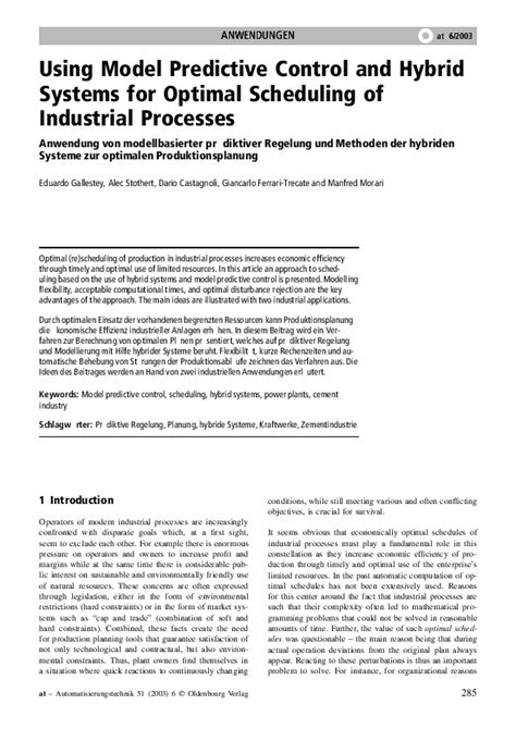 Pdf Using Model Predictive Control And Hybrid Systems For Optimal Scheduling Of Industrial