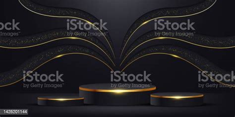 검은 색과 황금빛 반짝이가있는 사실적인 3d 검은 실린더 받침대 연단 0명에 대한 스톡 벡터 아트 및 기타 이미지 0명 3차원 형태 강단 Istock