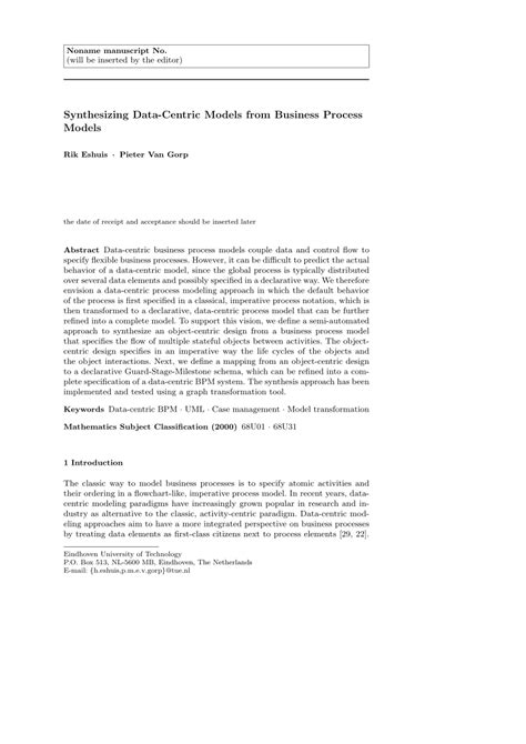 Pdf Synthesizing Data Centric Models From Business Process Models