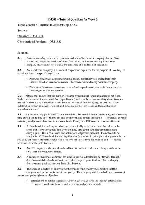 Tutorial Qs As For Week 3 Fm301 Tutorial Questions For Week 3 Topic Chapter 3 Indirect