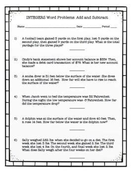 DIGITAL Adding And Subtracting INTEGERS Word Problems Worksheet And Answer Key