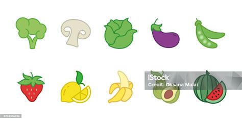 야채와 과일 아이콘 세트 색상 건강 식품 기호입니다 유기 야채 및 신선한 과일 벡터 그림 천연 영양 표시입니다 식료품 및 시장 픽토그램 농장 수확 및 다이어트 개념 0명에