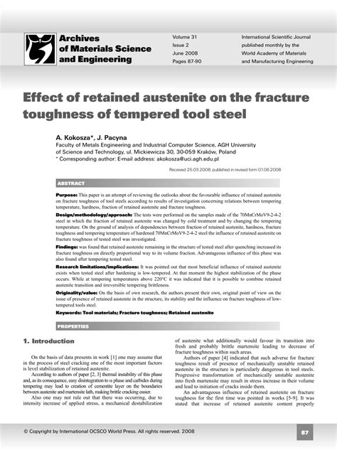 Pdf Effect Of Retained Austenite On The Fracture Toughness Of Tempered Tool Steel