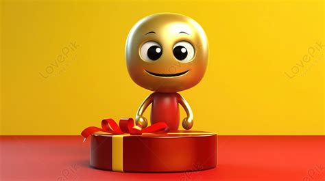 노란색 배경에 황금 로열티 프로그램 보너스 동전 선물 상자와 빨간색 리본을 들고 있는 캐릭터 마스코트의 3d 렌더링 로그 배경 빨간 코트 배경 빨간 동전 배경 이미지