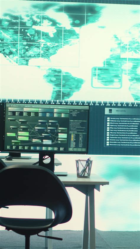 Vertical Empty Governmental Cyber Defense And Surveillance Room Equipped With Cutting Edge