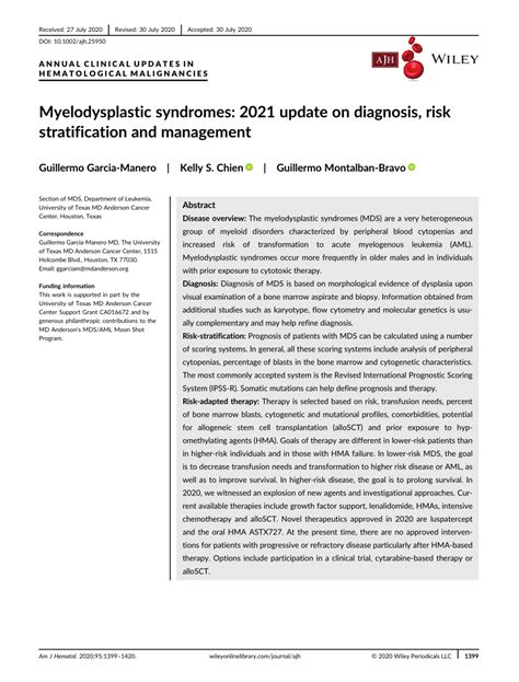 Pdf Myelodysplastic Syndromes 2021 Update On Diagnosis Risk