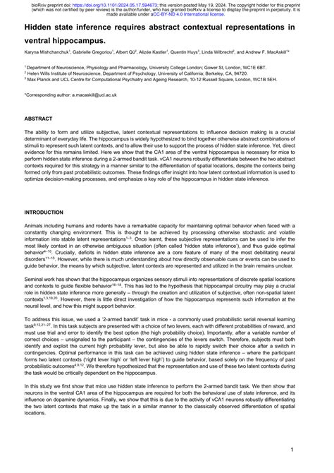 Pdf Hidden State Inference Requires Abstract Contextual Representations In Ventral Hippocampus