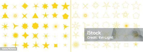 반짝이는 밝은 별의 아이콘 세트 반짝이는 별의 형태로 상징의 컬렉션 반짝이 빛 휴일과 크리스마스 또는 생일을위한 불꽃 놀이의 효과 노란색 금 스트로크 금 금속에 대한 스톡