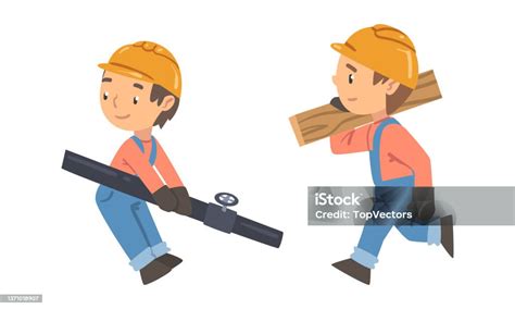 건설 도구 세트와 함께 작업 하는 아이 빌더 파이프 라인과 판자 만화 벡터 일러스트와 바지와 안전 하드 모자를 입고 소년 아이에