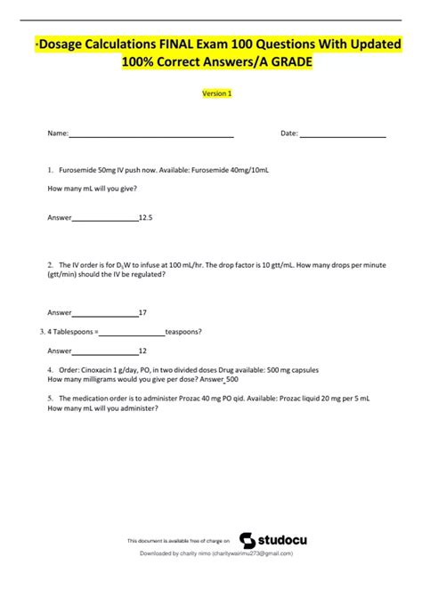 Dosage Calculations Final Exam 100 Questions Latestdosage Calculations