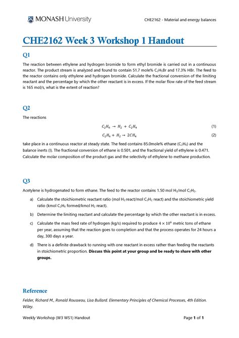 CHE W WS Handout Week Workshop Notes CHE Material And Energy Balances