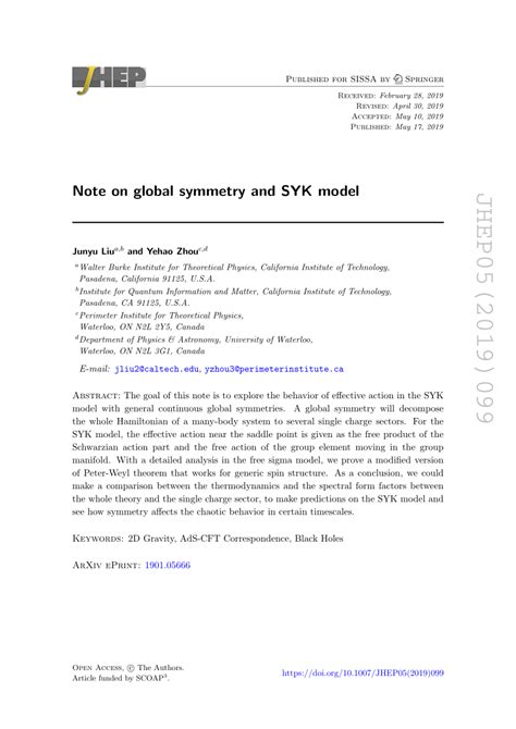 Pdf Note On Global Symmetry And Syk Model