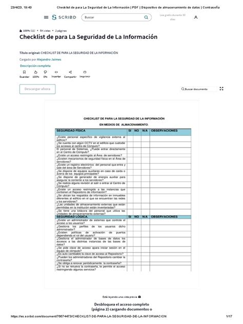 Checklist Seguridad Información Dispositivos Pdf Contraseña La