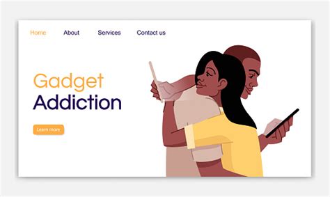 가젯 중독 방문 페이지 벡터 템플릿입니다 평면 일러스트와 스마트 폰 강박 관념 웹 사이트 인터페이스 아이디어 기술 매니아