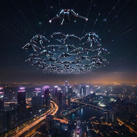 A Drone Swarm In The Night Sky Creates Geometric Patterns And Emits