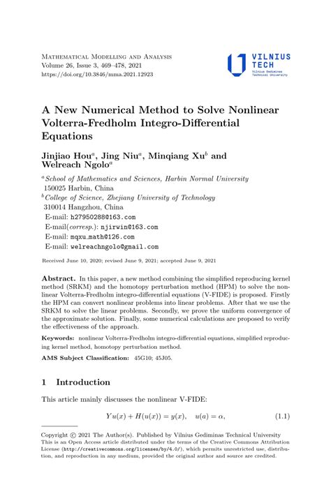 PDF A New Numerical Method To Solve Nonlinear Volterra Fredholm Integro Differential Equations
