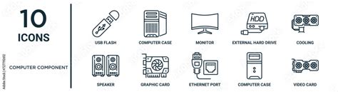 Computer Component Outline Icon Set Such As Thin Line Usb Flash Monitor Cooling Graphic Card