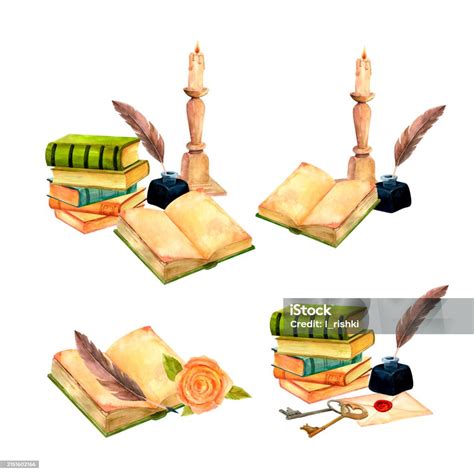 책 깃털 잉크 펜 찻잔 구성 빈티지 독서 클립 아트입니다 손으로 그린 수채화 복고풍 도서관 이미지 스티커 복고풍 전단지 및 엽서 스크랩북 개인 장식품에 대한 스톡 벡터 아트