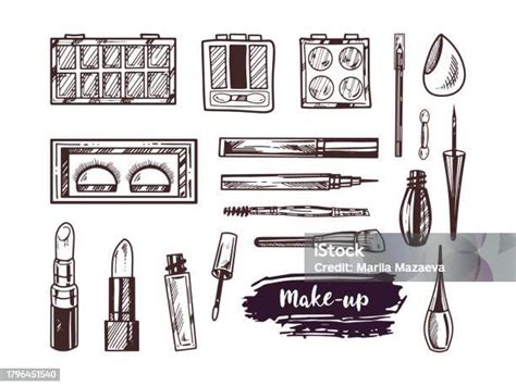 화장품 미용 자기 관리 요소의 손으로 그린 낙서 스케치 세트 미용실 화장품 매장 메이크업 디자인을 위한 일러스트레이션 새겨진 이미지 0명에 대한 스톡 벡터 아트 및 기타