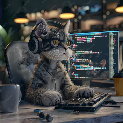 premium photo techsavvy cat coding on computer at home office