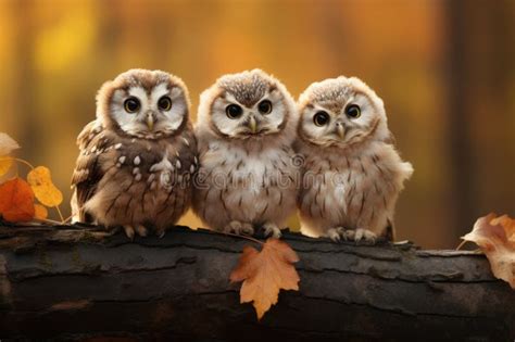 Three Lovely Cute Owl Stand Together On Tree In Autumn With Beautiful