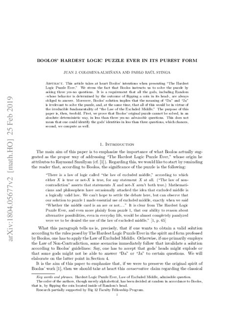 Pdf Boolos Hardest Logic Puzzle Ever In Its Purest Form