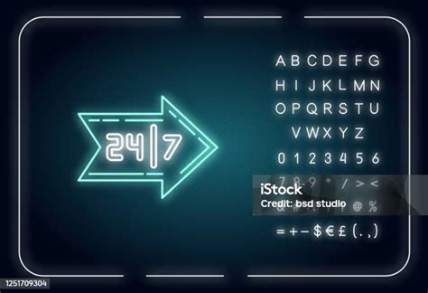 화살표 사인 네온 라이트 아이콘입니다 시계 마케팅 서비스 주위에 매일 영업합니다 저장 방향을 저장합니다 외부 빛나는 효과 알파벳 숫자 및 기호로 서명합니다 벡터 격리 Rgb