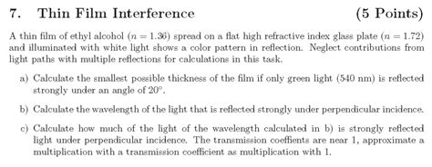 Solved 7 Thin Film Interference 5 Points A Thin Film Of