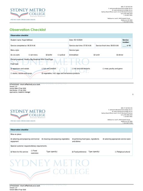 Customer Service Observation Checklist Pdf Hors Doeuvre Lunch
