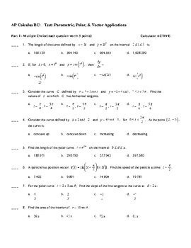 AP Calculus Test On Parametric Polar And Vector Applications By Sarah