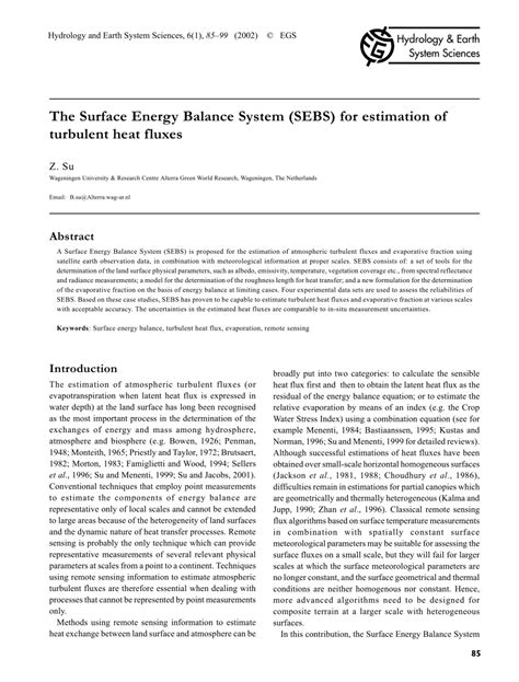 Pdf The Surface Energy Balance System Sebs For Estimation Of Turbulent Heat Fluxes